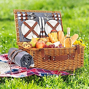 Wicker Picnic Basket for 4 Persons with Waterproof Picnic Blanket,Picnic Set for Family with Insulated Cooler Compartment Utensils,Wedding Gifts for Couples Unique