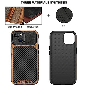 TENDLIN Compatible with iPhone 14 Case Wood Grain with Carbon Fiber Texture Design Leather Hybrid Slim Case Black