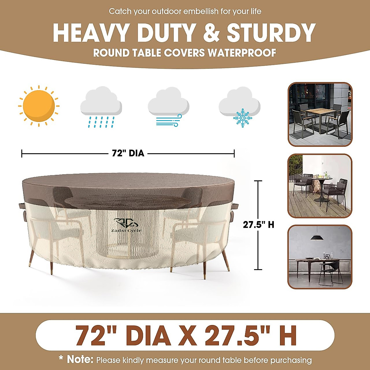 Zadst Cycle 62" Dia Table Cover Waterproof, Patio Furniture Round Table Covers, 600D Heavy Duty Round Table Cover for Anti-UV, Rip Resistant, Water Resistant, Small, Brown