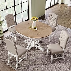 Dinehome 5-Piece Retro Style Extendable Round Dining Table Set with 4 Upholstered Chairs, Oak Natural Wood + Off White