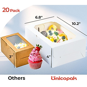 UnicoPak 20 Pack 10 x 6.8 x 4 Inch Tall White Cupcake Boxes with Handle Tray, Cupcake Boxes 6 Count, Extra Large Cupcake Boxes Bakery Boxes Muffin Boxes for Standard and High Creams Decorated Cupcakes Muffins Jumbo Cupcakes