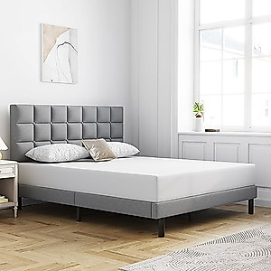 Molblly Queen Bed Frame Upholstered Platform with Headboard and Strong Wooden Slats,Non-Slip and Noise-Free,No Box Spring Needed, Easy Assembly,Light Gray
