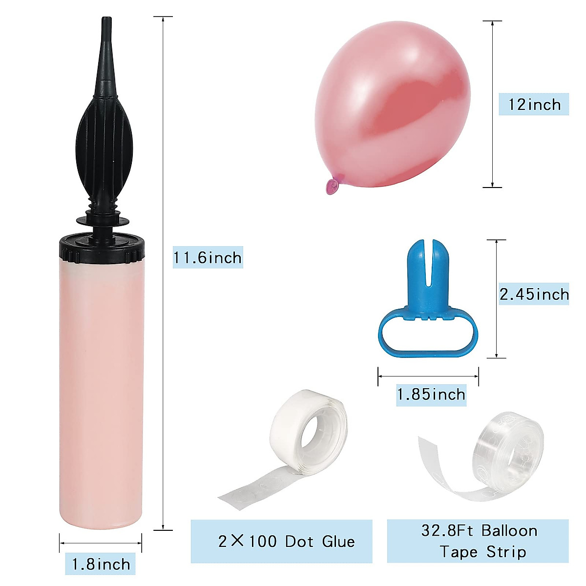 Balloon Pump Hand Held 2 Pack 2-Way Dual Action Inflator Air Pump for Balloons, Manual Balloon Inflators Machine with 100pcs Balloons, 32.8Ft Tape Strip, 2pcs Tying Tool, 200 Dot Glue for Party DIY