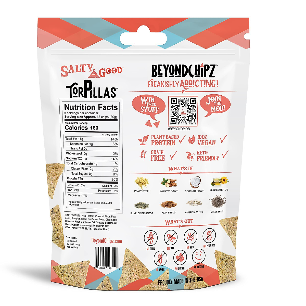 BeyondChipz Low Carb Tortilla Chips, Salty Good, Keto Friendly, Gluten Free, 5.3oz Bag, Pack of 4