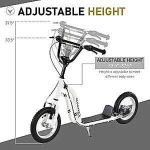 Aosom Youth Scooter Front and Rear Caliper Dual Brakes 12-Inch Inflatable Front Wheel Ride On Toy for Age 5+, White