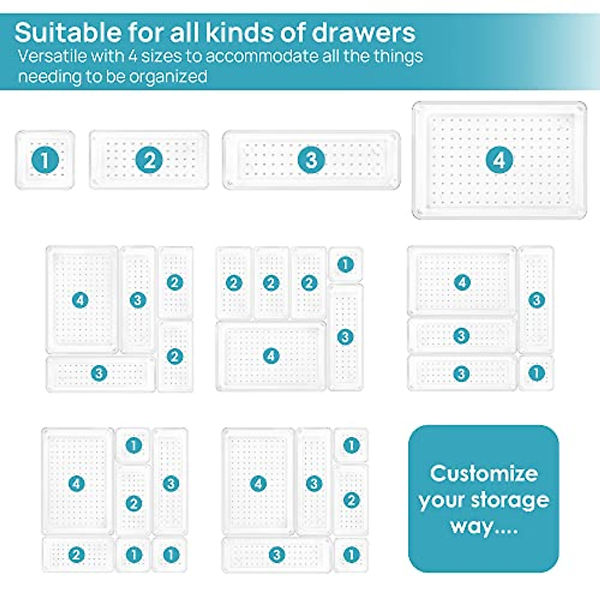 Vtopmart 37 PCS Clear Plastic Drawer Organizers Set, 4-Size Versatile Bathroom and Vanity Drawer Organizer Trays, Storage Bins for Makeup, Jewelries, Kitchen Utensils and Office