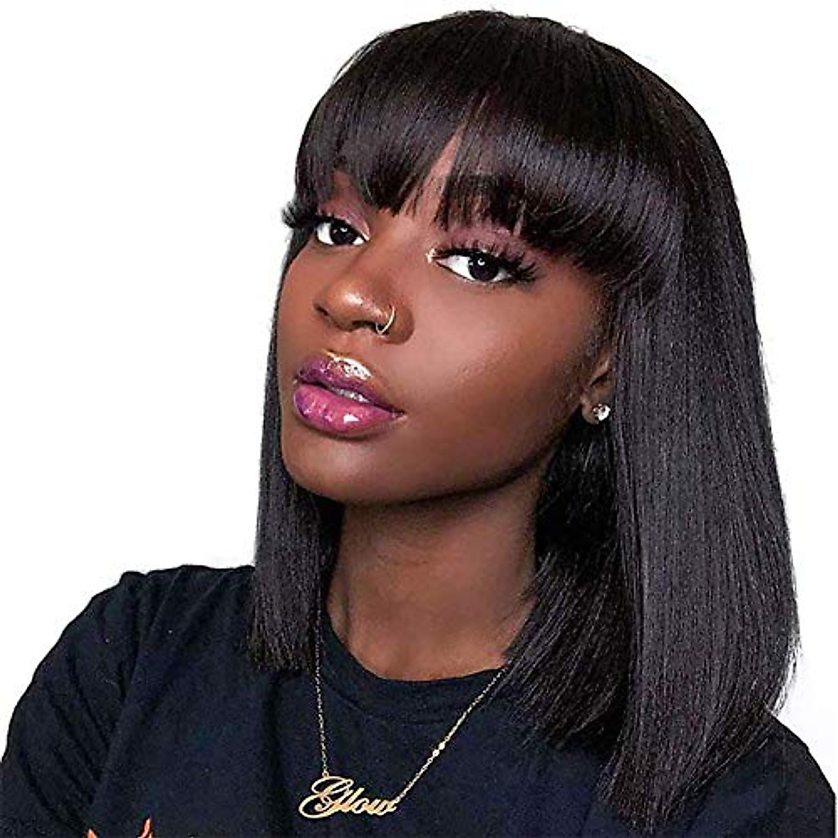 Cecycocy 14” Short Bob Wigs Brazilian Straight Human Hair Wigs With Bangs 100% Remy Human Hair Wigs 180% Density None Lace Front Wigs Glueless Machine Made Wigs For black Women