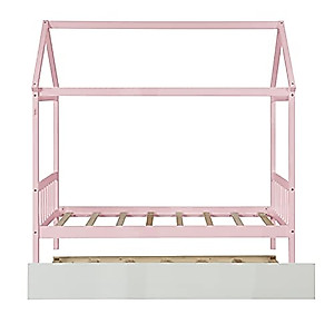 EMKK Twin Bed with Trundle,Kids House Bed Frame Twin Size with Trundle, Wooden Daybed for Boys Girls, can be Decorated, Pink