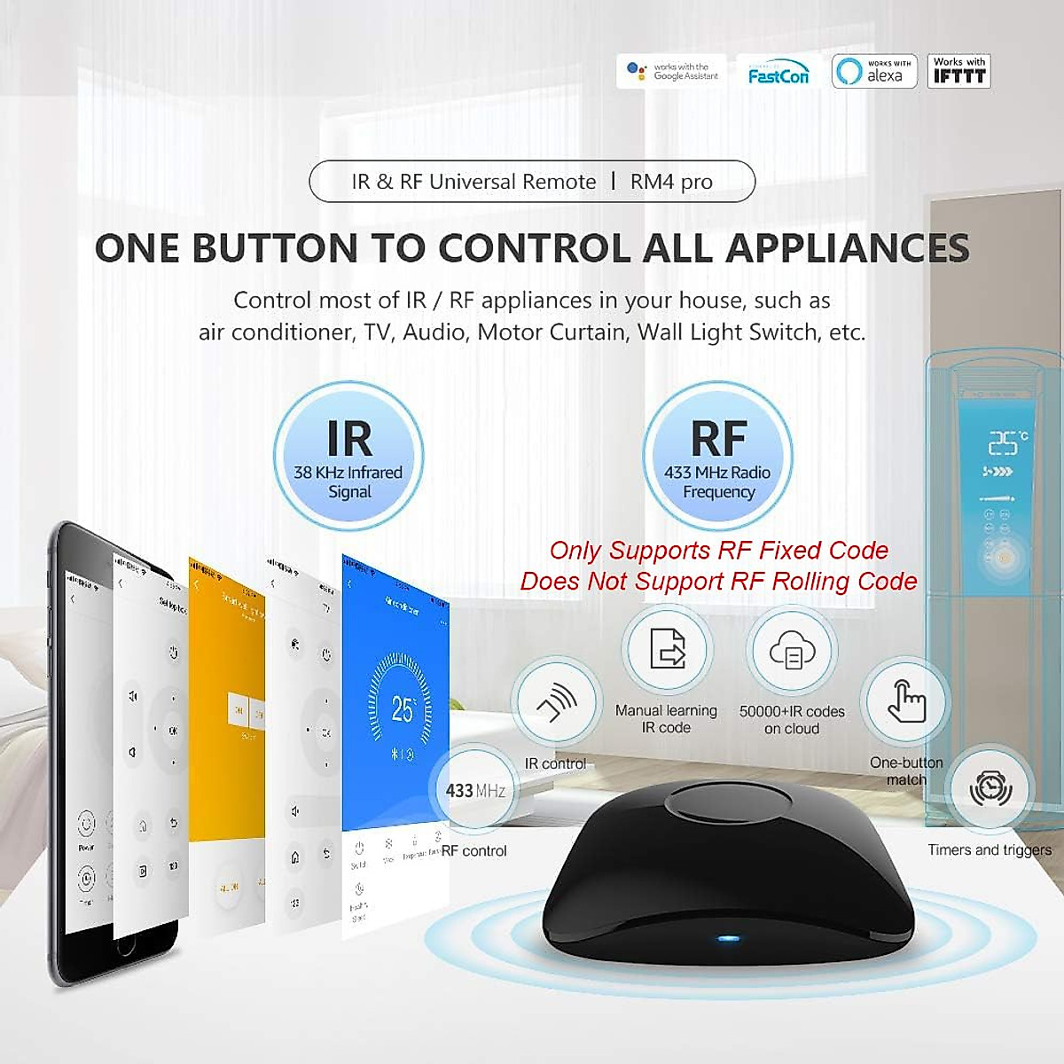 Broadlink RM4 pro Smart IR/RF Remote Control Hub with Sensor Cable-WiFi IR/RF Blaster for Smart Home Automation, TV, Curtain, Shades Remote, Works with Alexa, Google Assistant, IFTTT (RM4 pro S)