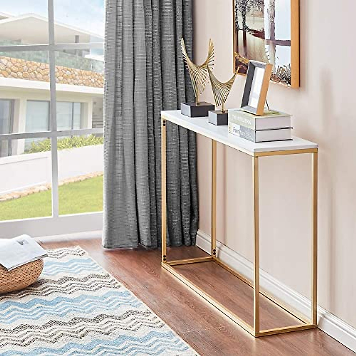 42” Console Tables for Entryway, Faux Marble Sofa Tables, Entryway Table for Living Room, Gold Entrance Table, MDF Entry Table, Foyer Tables w/ Metal Frame, Behind Couch Table for Hallway (Gold Frame)