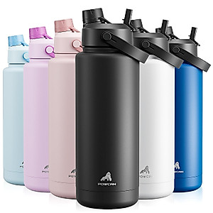 POWCAN 40 oz Insulated Water Bottle with 2-in-1 Straw and Spout Lid, Keep Cold 24H, Leak-Proof, BPA-Free, Double Wall Stainless Steel Water Bottle for Sports, Gym, Travel, and School (Black)