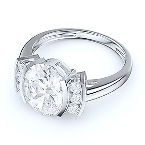 PRSTANI 10K White Gold Half Bezel Set 8x10mm 3CT Simulated Oval Cut Diamond Engagement Ring Promise Ring (6.5)