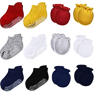 SATINIOR 12 Pairs Newborn Baby Mittens and Socks Set Baby Mittens No Scratch Cotton Gloves Non Slip Ankle Socks 0-6 Months(Multiple Colors)