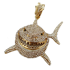 BLINGFACTORY Iced Hip Hop Style Large Shark Bling Lab Diamond Charm Pendant (GOLD)