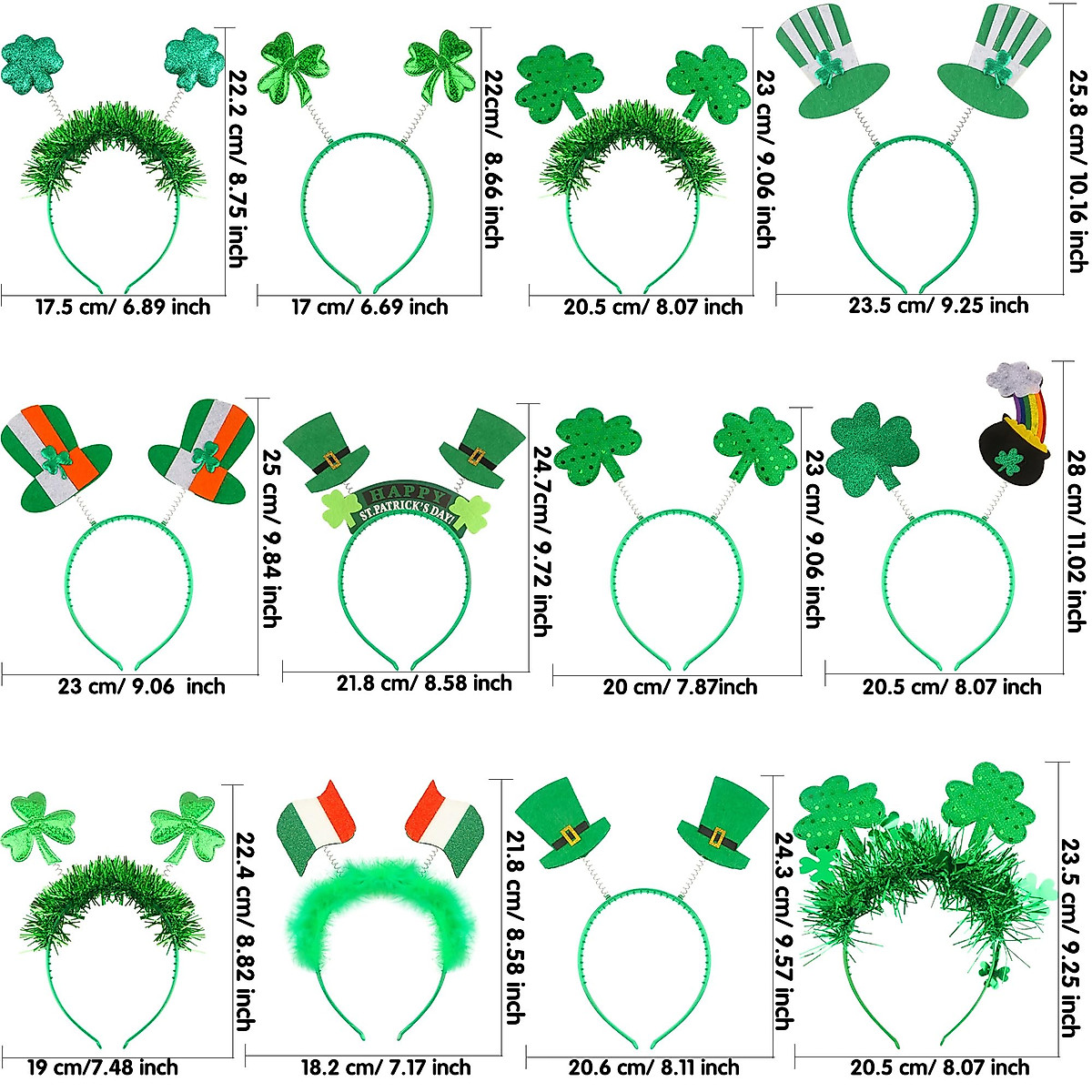 Fahacop 12 Pack St. Patricks Day Headband Green Clover Headbands Shamrock Hat Head Bopper for Saint Patrick Irish Day Party Headpieces