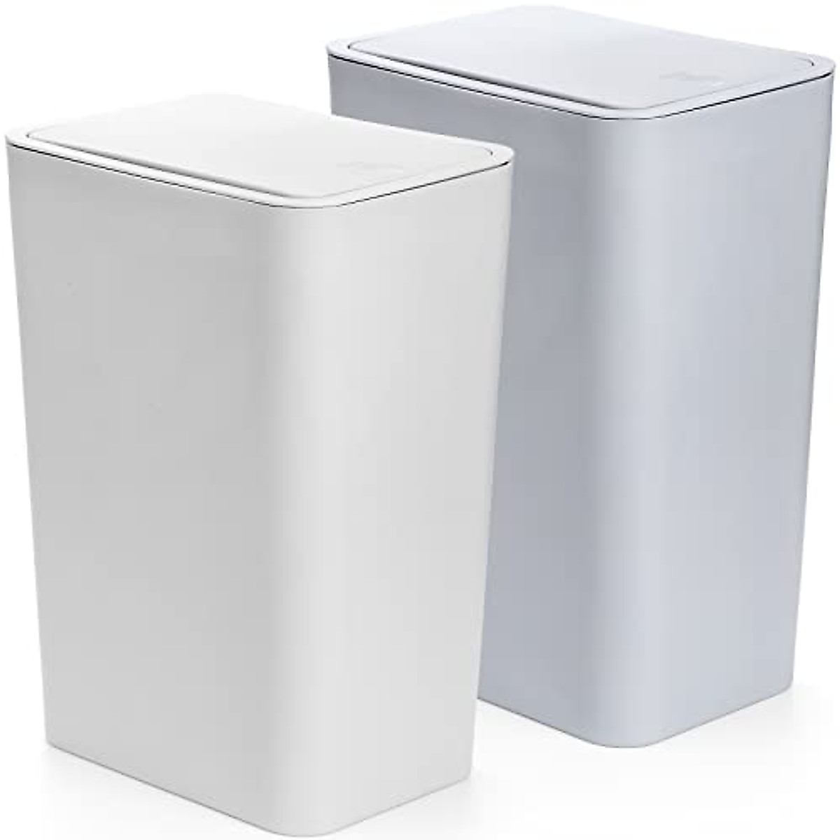 Fasmov Trash Can, 2 Pack 15 Liter / 4 Gallon Plastic Garbage Container Bin with Press Top Lid, Waste Basket for Kitchen, Bathroom, Living Room, Office, Narrow Place (White + Blue)