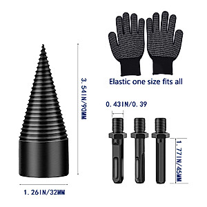 Firewood Log Splitter, Easy Log Splitting Drill Bits Heavy Duty Electric Drills Screw Cone Driver Tools Split Wood with Glove & 3 Screw for Hand Drill Stick Hex+Square+Round(32mm/1.26inch)