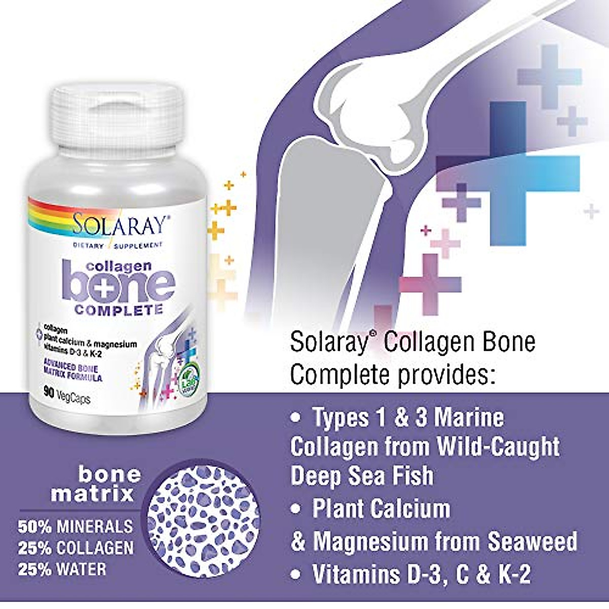 SOLARAY Collagen Bone Complete | Advanced Bone Matrix Formula with Plant Calcium & Magnesium | 30 Servings | 90 VegCaps