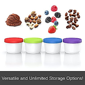 BALCI - 8oz Mini Ice Cream Containers with Silicone Lids (Set of 4) - Freezer Food Storage Containers, Reusable, LeakProof, For Homemade IceCream Containers - Blue. Red, Green, Purple