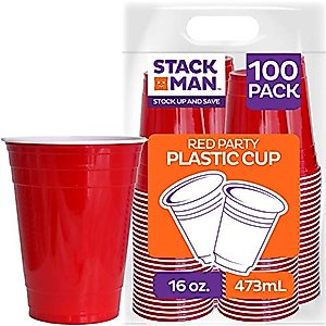 Red Cups - Party Cups - Disposable Plastic Cups [16 oz - 100 Pack] Fun & Durable Party Cups for Drinking & Playing - Bulk Case of 100 Cups, By Stack Man