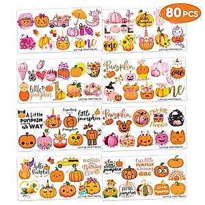 Little Pumpkin Baby Shower Birthday Temporary Tattoos - 80PCS Pumpkin Fall 1st Stickers for Party Decorations, Favors, and Prizes - Pink, Orange, and Maple Leaf Themed - Ideal Gifts for Boys