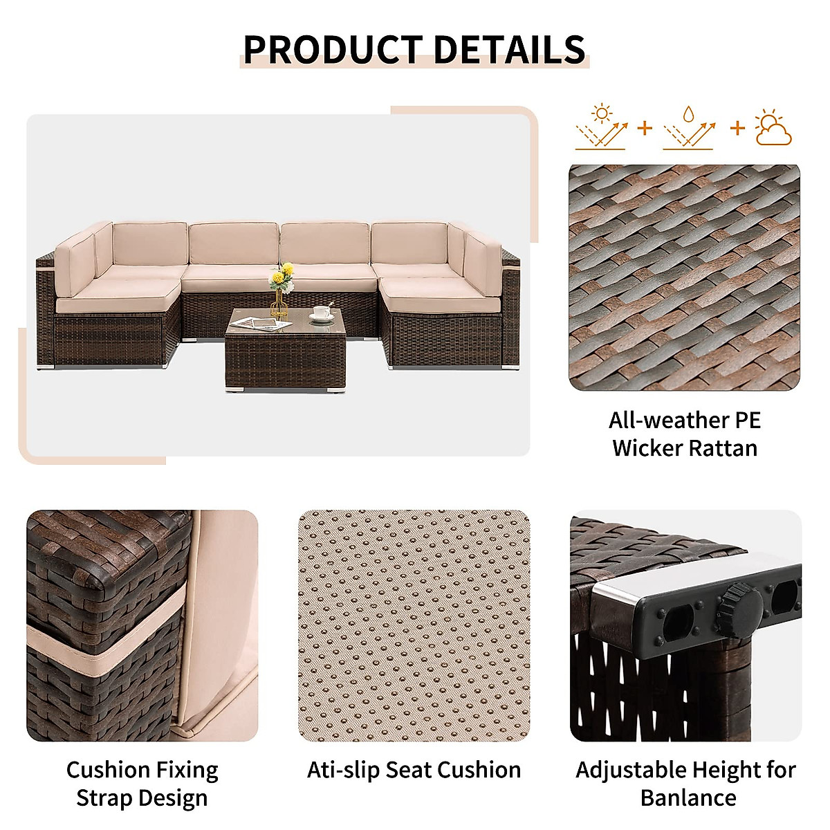 UDPATIO Outdoor Patio Furniture Sets 7 Pieces Outdoor Sectional Furniture, PE Rattan Sofa Wicker Patio Conversation Set with Cover for Deck Balcony Yard Poolside w/Coffee Table Thicken Cushions, Khaki