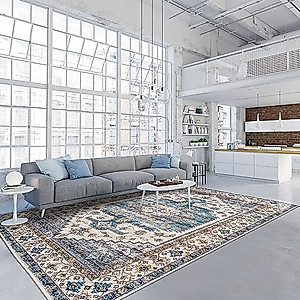 DECOMALL FINEEN 8x10 Area Rugs, Boho Rug for Bedroom, Vintage Distressed Medallion Carpet for Living Room, Beige Blue Multi, 8'x10'