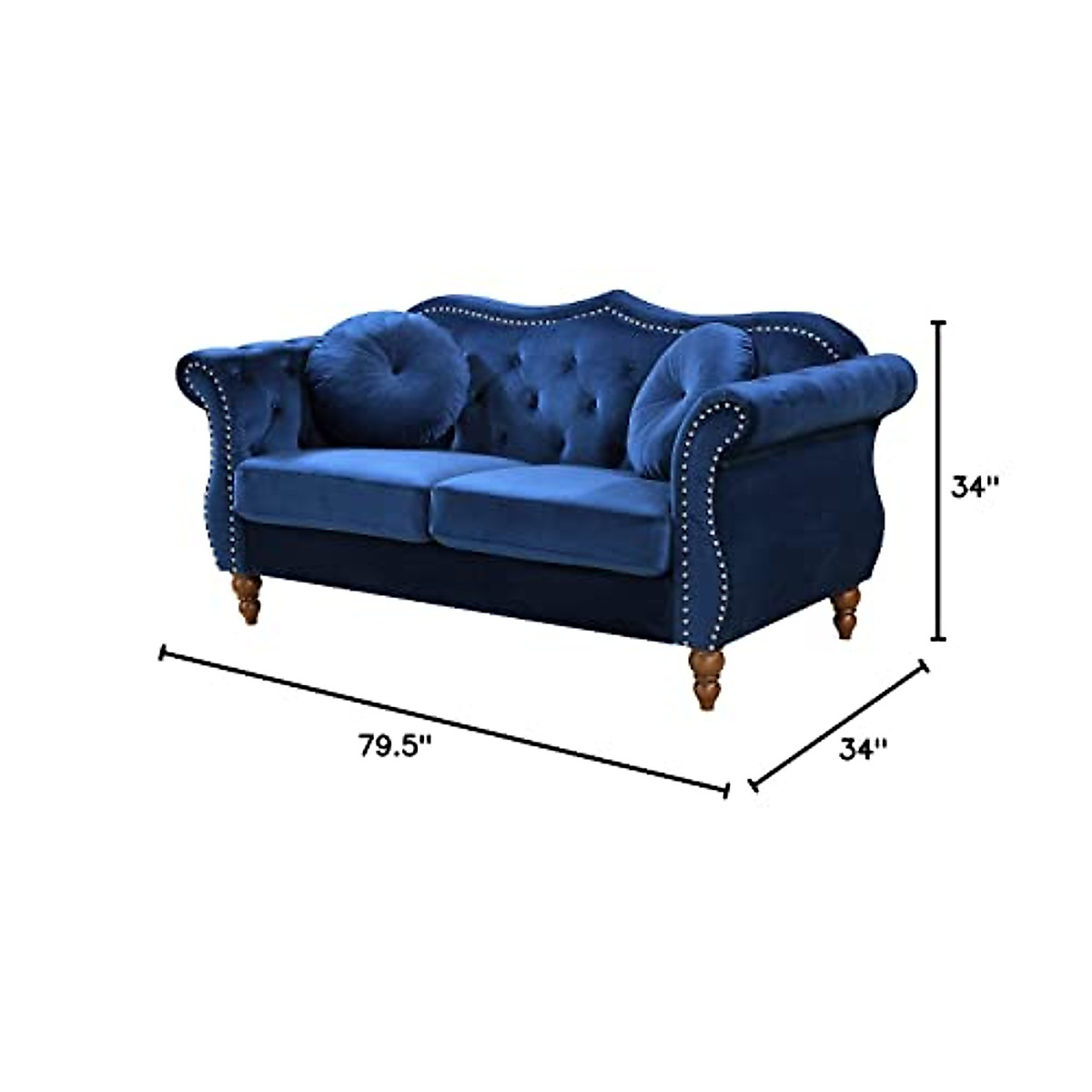 Container Furniture Direct Anna1 Velvet Upholstered Classic Nailhead Chesterfield Living Room, Sofa & Loveseat, Blue Mist