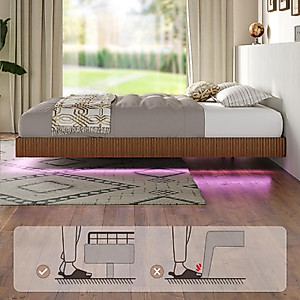 Tatub Walnut Queen Floating Bed Frame with LED Lights, Fluted Bed Frame Floating, Mid Century Modern Floating Platform Bed with Heavy Duty Metal Slats, No Box Spring Needed