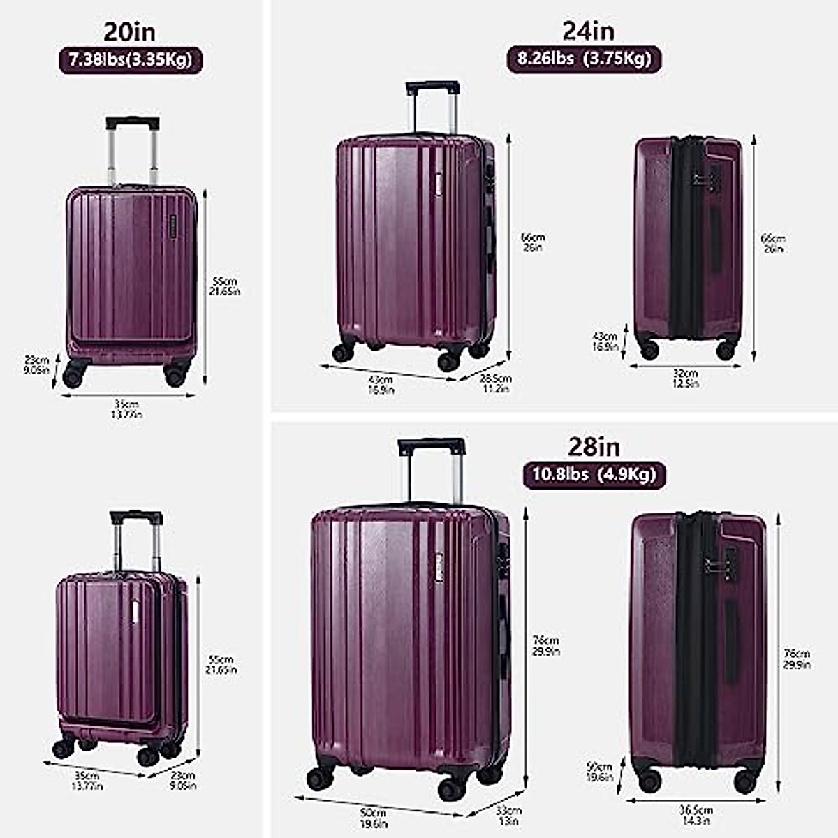 TydeCkare Luggage Set 3 Piece 20/24/28, 20" carry on with Front Pocket & 24/28" with Expandable, ABS+PC Suitcase with 4 Silent Wheels, TSA, YKK, Rose Red