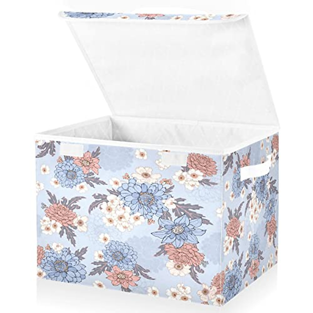 Kigai Storage Basket Floral Pattern Storage Boxes with Lids and Handle, Large Storage Cube Bin Collapsible for Shelves Closet Bedroom Living Room, 16.5x12.6x11.8 In