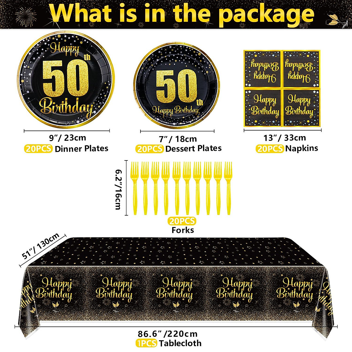 Hegbolke 50th Birthday Decorations for Women and Men - 81 Pcs Plates Napkins 50th Tablecloth Forks Set Black and Gold Party Decorations Serve 20