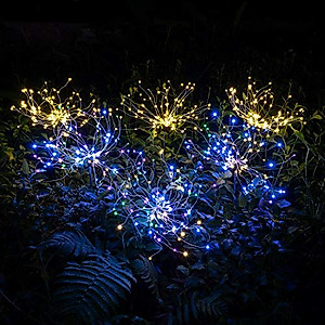 mopha Solar Garden Lights, 2 Pack 120 LED Solar Lights Outdoor Waterproof, 2 Mode Solar Firework Lights Decorative with High Flexibility Copper Wire, for Outdoor, Patio, Yard & Garden Decor,Warm White