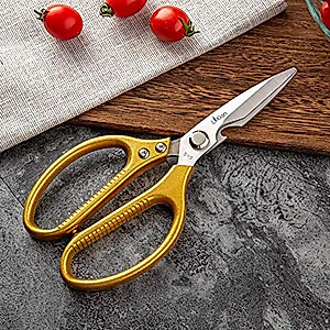Very Sharp Multi-Purpose Scissors, Heavy Duty Shears, Left and Right Metal handle for kitchen Chicken office Garden (Gold)