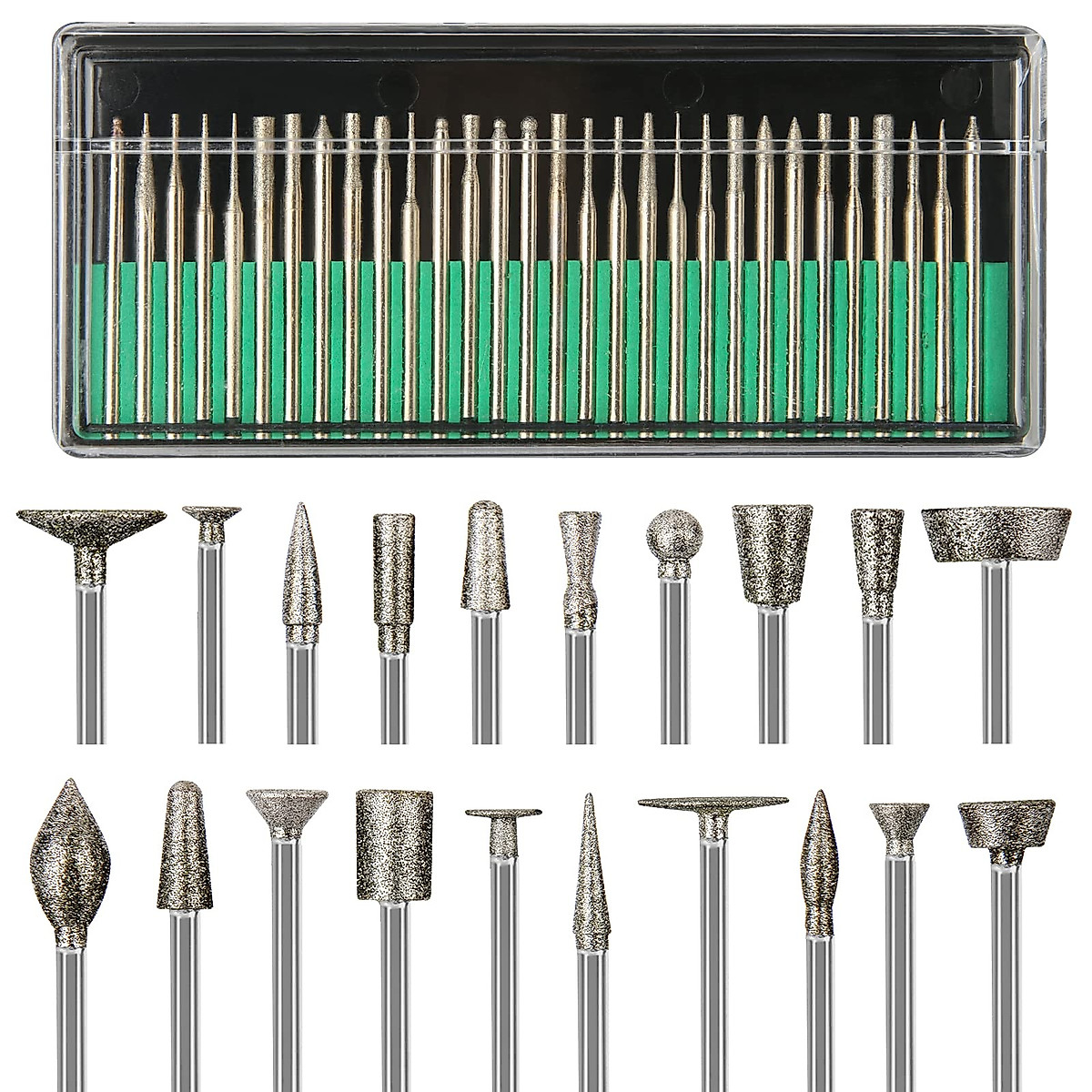 Stone Carving Set Diamond Burr Bits Compatible with Dremel, 50PCS Polishing Kits Rotary Tools Accessories with 1/8’ Shank For Carving, Engraving, Grinding, Stone, Rocks, Jewelry, Glass, Ceramics