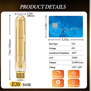Tubular Light Bulb 7.3 Inch, Amber Long Tube Light Bulb T10 2700K Soft White Dimmable E26 LED Edison Bulbs 60 Watt Equivalent for Chandelier Vanity Outdoor Exterior Wall Sconce Pendant Light, 4Pack
