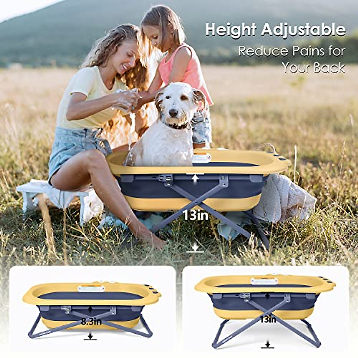 BEBEROAD PETS Pet Bathtub Collapsible Pet Bath Tub Height Adjustable Portable Dog Cat Bathing Tub for Small Medium Pets-Foldable Pet Shower Tub with Drainage Hole, Yellow, 23.6 x 12.6 x 8.3 Inches