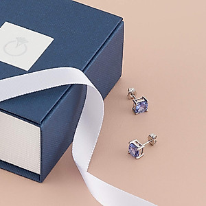 Peora 14K White Gold Tanzanite Stud Earrings for Women, Genuine Gemstone, Hypoallergenic, AAA Grade, Cushion Cut 6mm, 2 Carats total, Friction Back, Tanzanite Gold Earrings, Dainty Earrings Studs