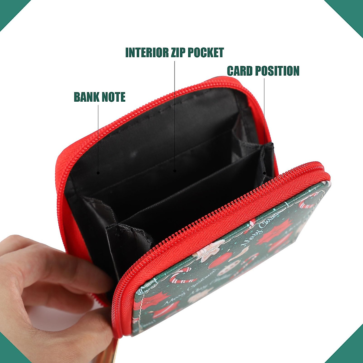 JV JO&VIN Green Wallet Christmas Wallet, Kawaii Wallet Leather Wallet with Short Zipper Wallet for Women Girls Kids,Thin Wallet Gift for Christmas Day