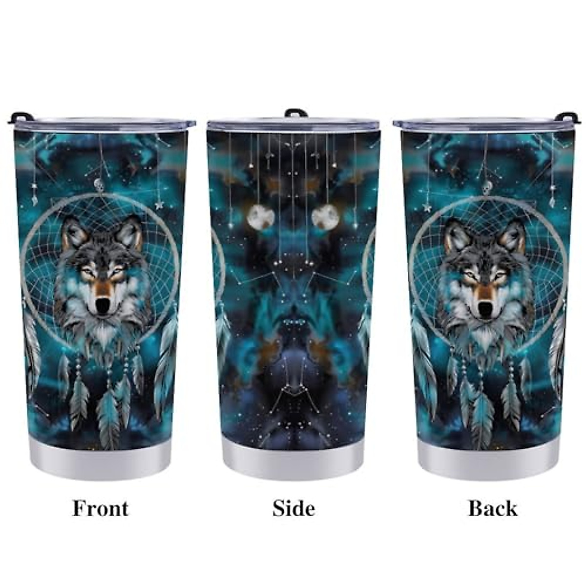 WNICELIN Wolf Moon Dreamcatcher Tumbler Insulated Travel Mug Stainless Steel Travel Tumbler Car Cup with Straw And Brush with Lid 20oz