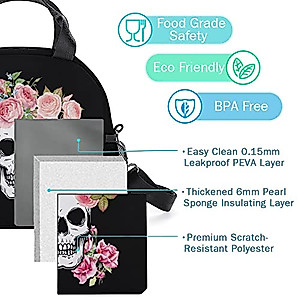 Floral Skull Lunch Bag, Insulated Rose Skull Lunch Box with Shoulder Strap, Large Capacity Durable Lunch Tote Bag with Pockets, Waterproof Lunch Bag for Women Boys Men(Floral Skull)