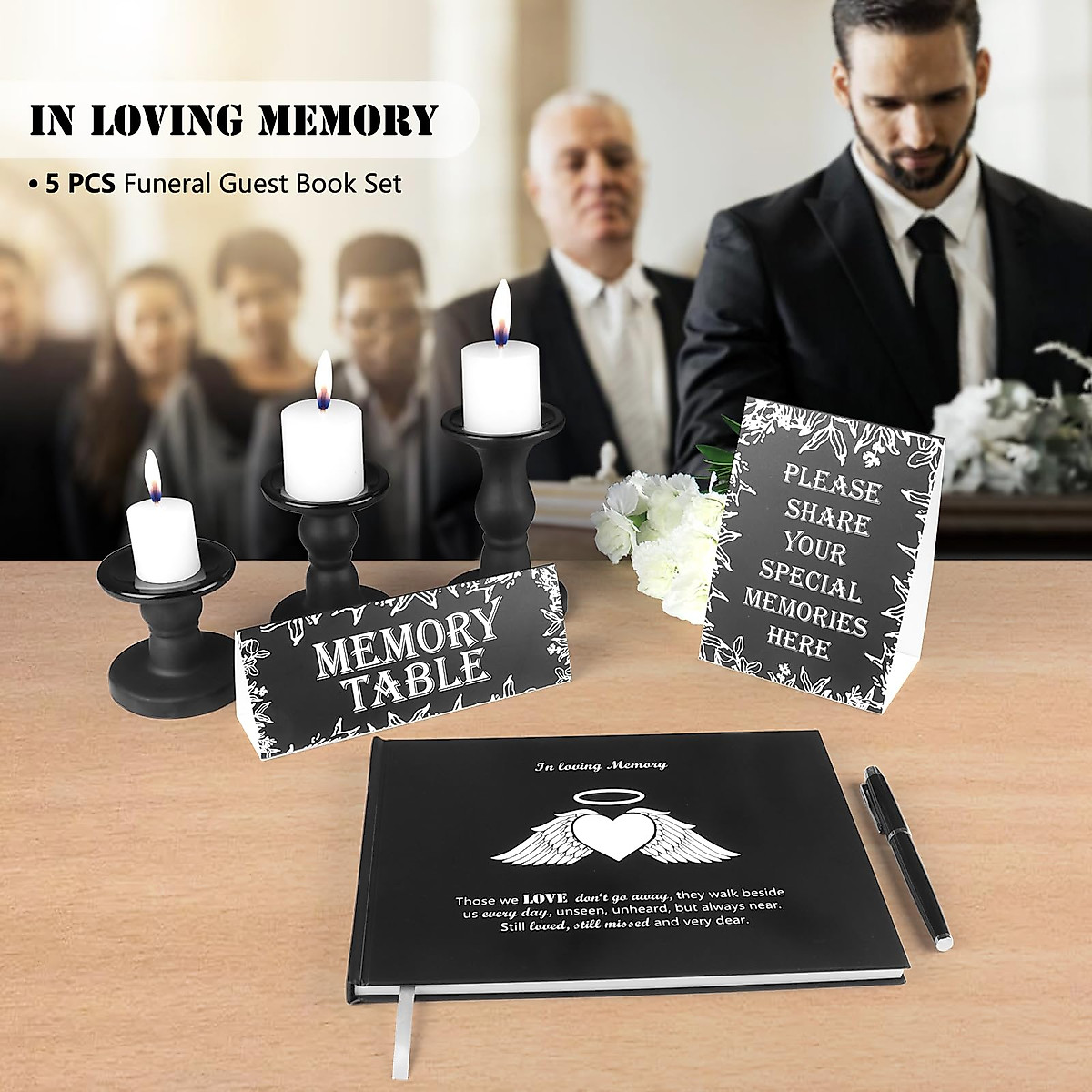 Funeral Guest Book 5PCS Set, in Loving Memory 80 Pages Funeral Sign-in Guestbook for Memorial Service Celebration of Life, Includes Funeral Sign in Book, Pen, Memory Cards, Table Sign (7.7"x10",Black)