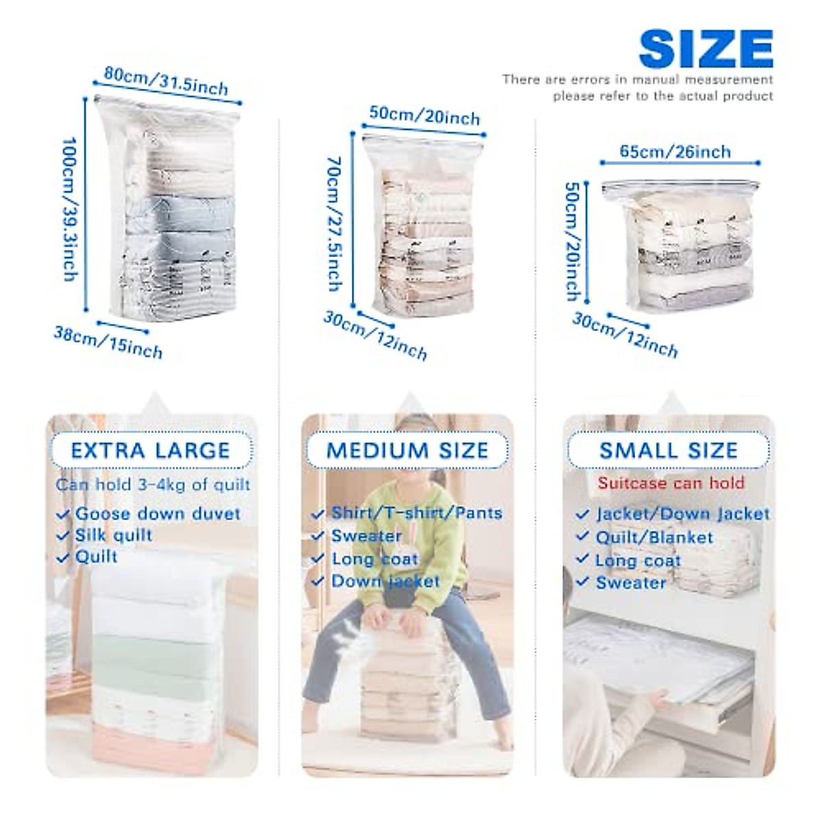 Vacuum Storage Bags, Space Saver Sealer Bags Compressed Closet Organizers and Storage Bags for Bedding, Comforter, Pillows, Towel, Blanket, Clothes Compress Cube No Pumps Needed 3 Pack (Large-3pcs)