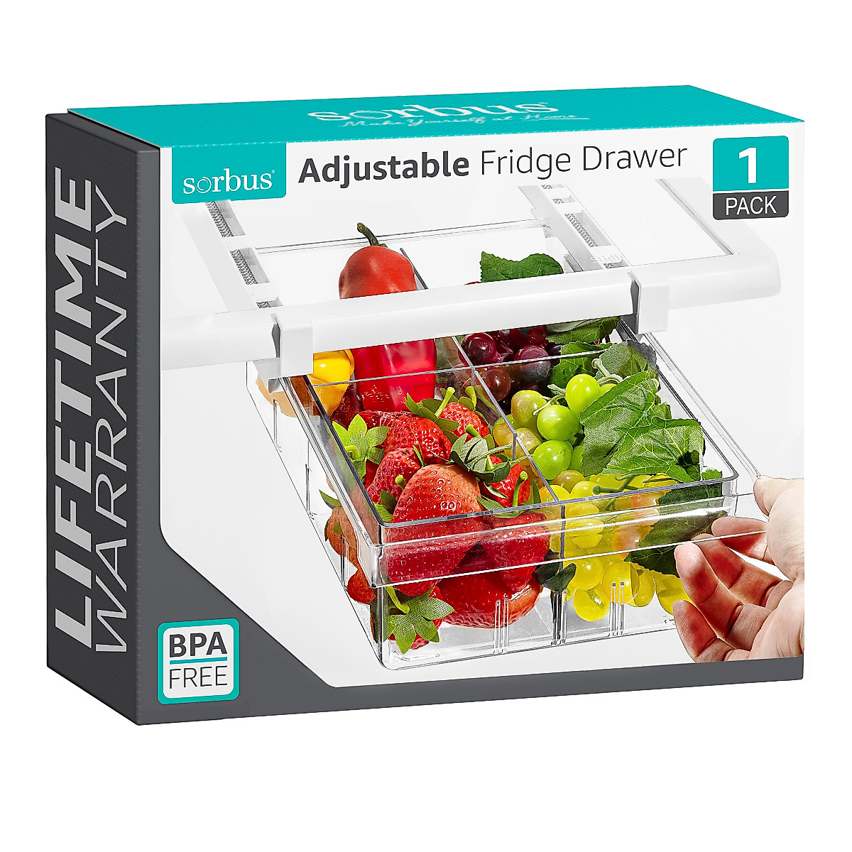 Sorbus Pull Out Fridge Drawer Organizer, for 0.6 Inch Thick Shelf, Adjustable Plastic Bathroom Organizer, 12-17 Inches, Refrigerator Storage Bin, Kitchen & Bathroom Storage (1 Pack)