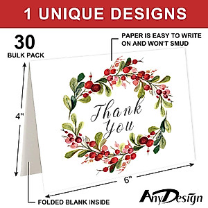 AnyDesign 30 Pack Christmas Thank You Cards Bulk Watercolor Floral Garland Greeting Cards with Envelope Sticker Flower Blank Note Cards