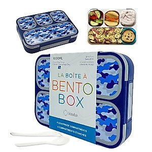 kinsho Camo Lunch-Box for Boys, Bento Box for Kids | Portion Containers for Snacks or School Lunches, BPA Free Boxes Meal Containers Loncheras Para Niños | Blue Camouflage 4 Compartments