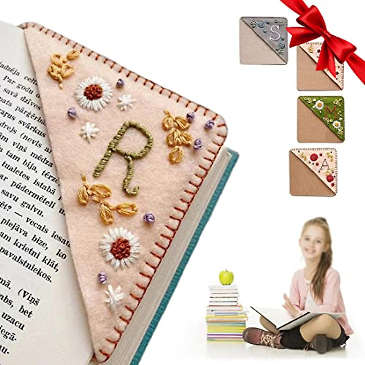 Personalized Hand Embroidered Corner Bookmark, 26 Letters Felt Triangle Corner Page Bookmark Handmade Stitched Book Marker Cute Flower Bookmarks, for Book Lovers Meaningful Gifts