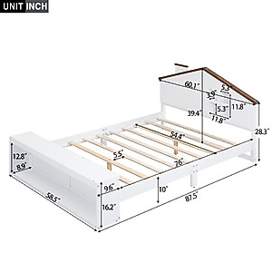 FIQHOME Full Size House Platform Bed,Wooden Kids Full Platform Bed Frame with LED Lights and Storage, Cute Single Full Led Bed for Girls Boys,No Box Spring Needed,White