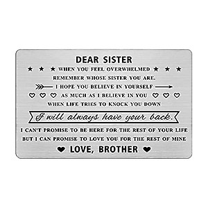 Jzxwan to My Sister Gifts, Personalized Sister Birthday Wallet Card, Best Sister Graduation Gift from Brother, Personalized Christmas Mother's day Gift for Teen Sister