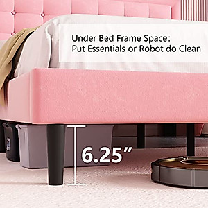 Lijimei Full Size Bed Frame with Button Tufted Headboard, Platform Upholstered in Velvet Fabric,Mattress Foundation with Wooden Slats Support, Easy Assembly, No Box Spring Needed, Pink Velvet